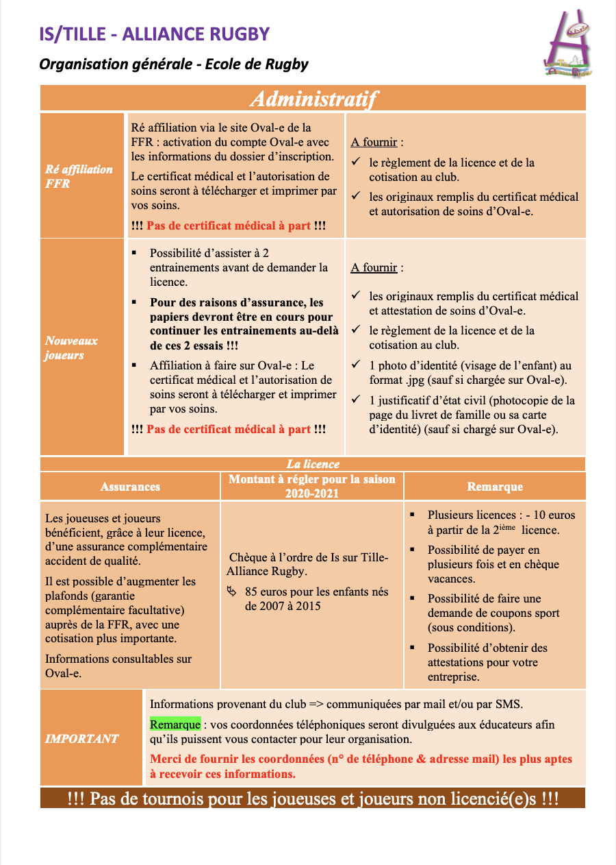 Infos pratiques pour l'inscription au rugby - IS ALLIANCE RUGBY